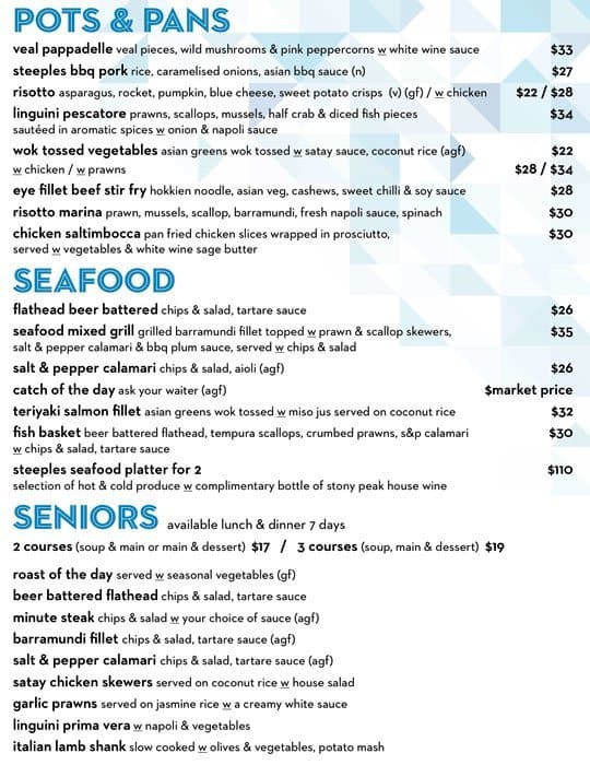 Menu at Steeples restaurant, Mornington