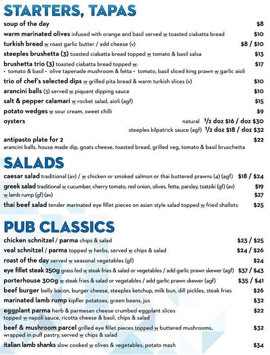 Menu at Steeples restaurant, Mornington