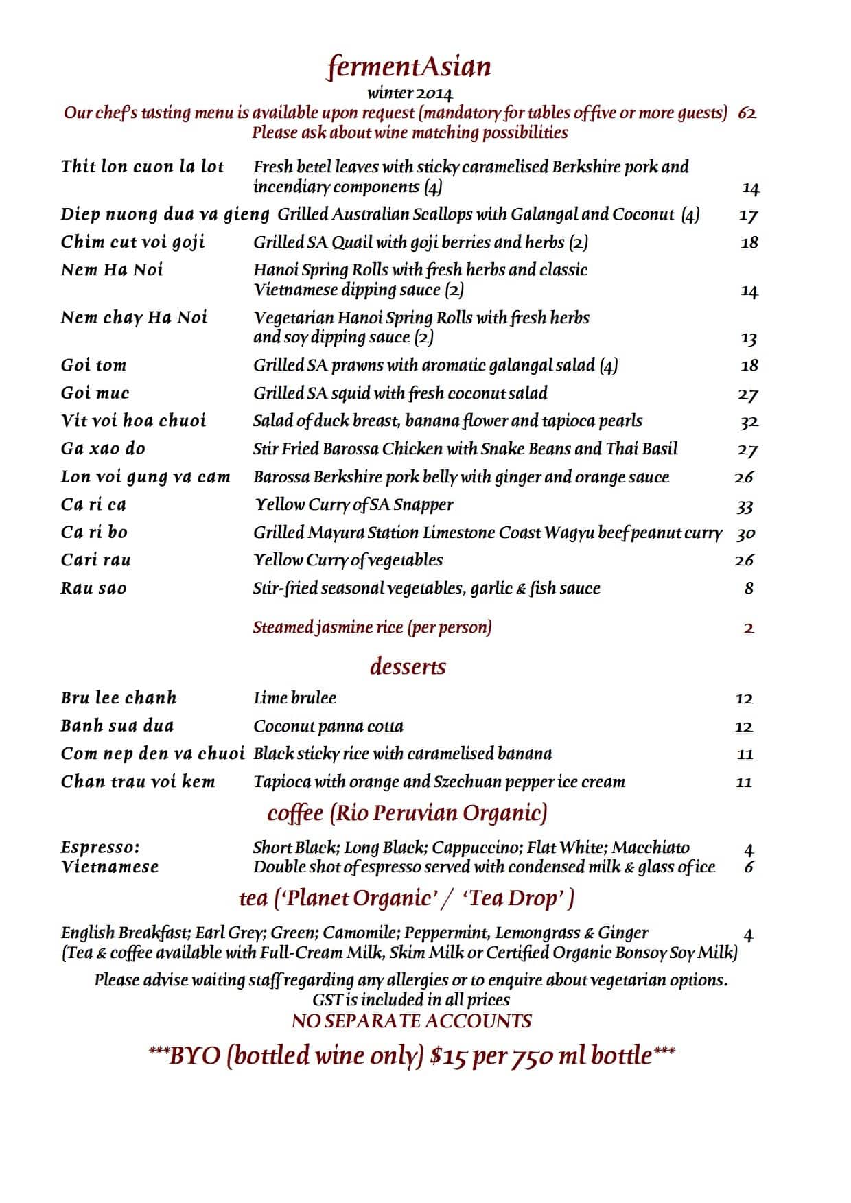 Menu at fermentAsian restaurant, Tanunda