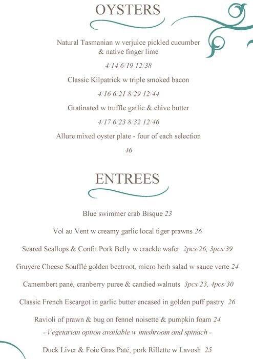 Menu at Allure on Currumbin Restaurant, Currumbin