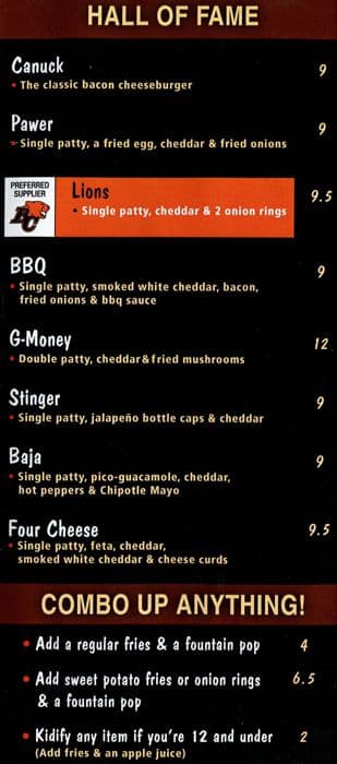 Menu at Vera's Burger Shack restaurant, North Vancouver