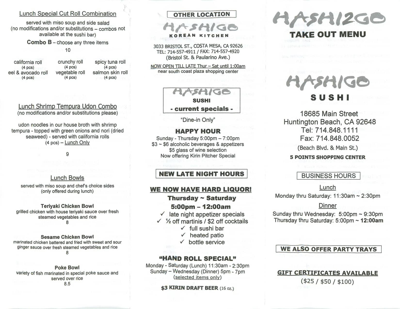 Menu at Hashigo Sushi restaurant, Huntington Beach
