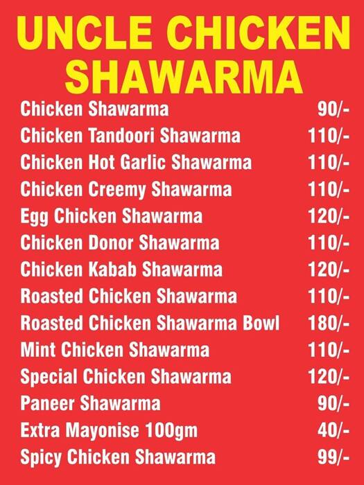 Menu of Uncle Chicken Shawarma, Sector 45, Gurgaon