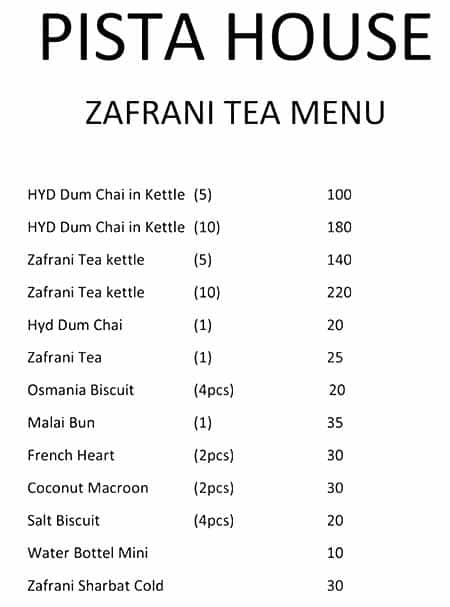 Menu of Pista House Zafrani Tea, Charminar, Hyderabad