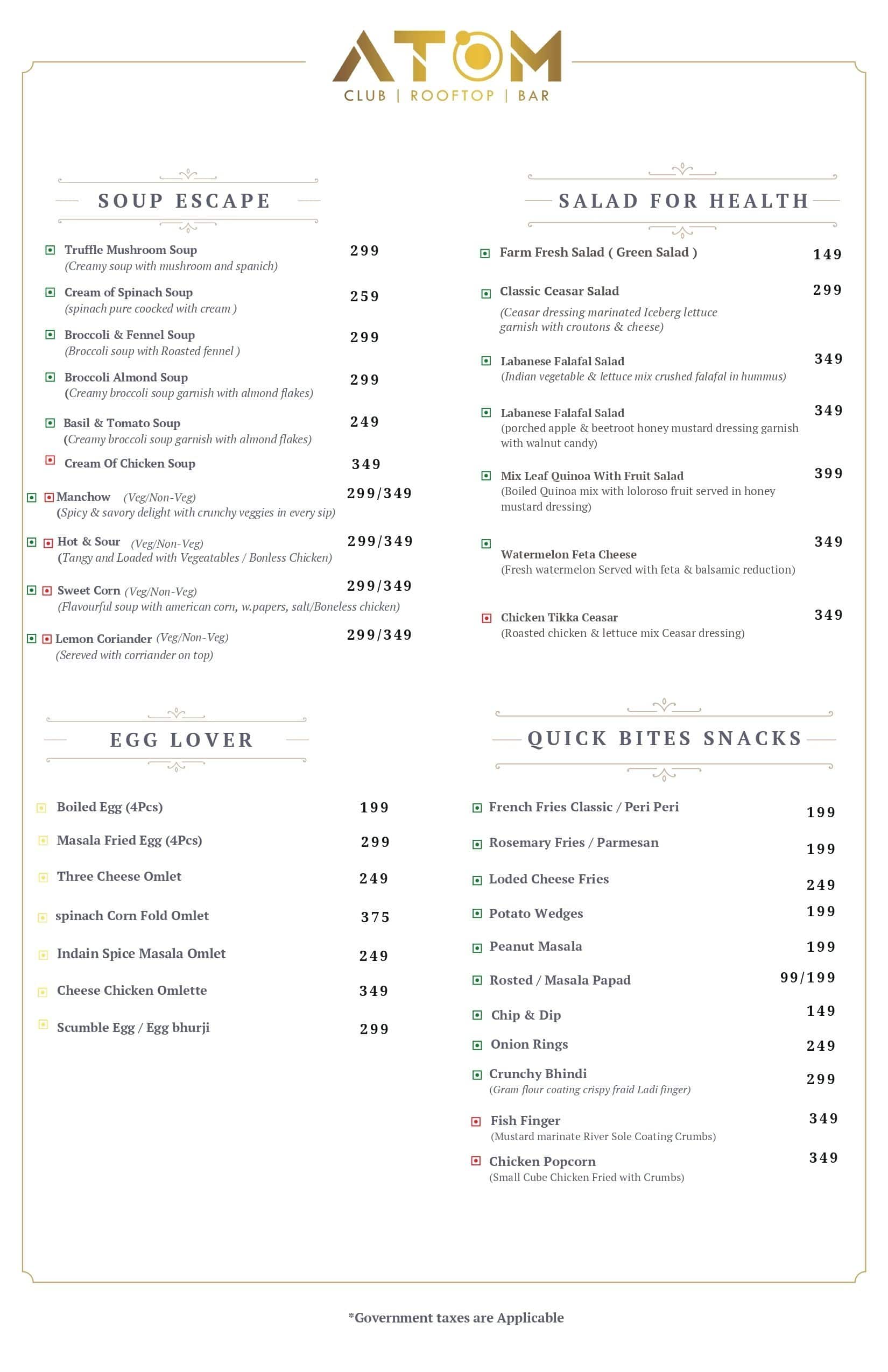 Menu of Atom, Vaishali Nagar, Jaipur