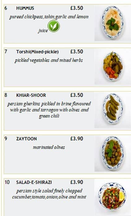 Menu at Molana Persian Restaurant, London, 78 Uxbridge Rd