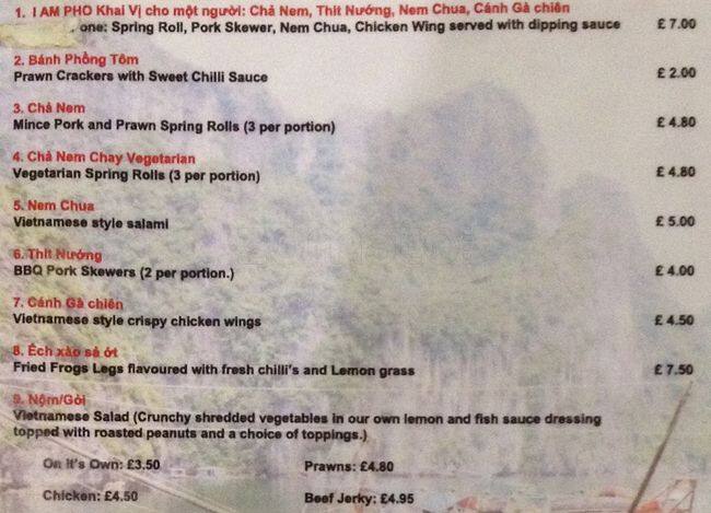 Menu at I Am Pho restaurant, Manchester