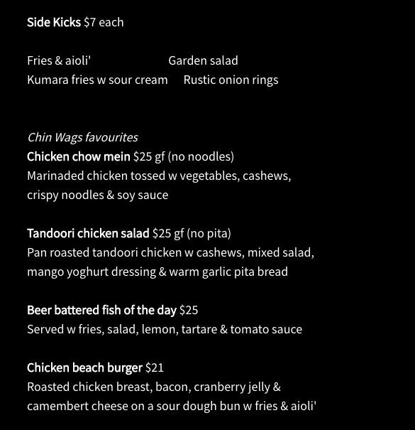 Menu at Chin Wags Restaurant, Clarks Beach