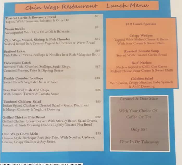 Menu at Chin Wags restaurant, Clarks Beach