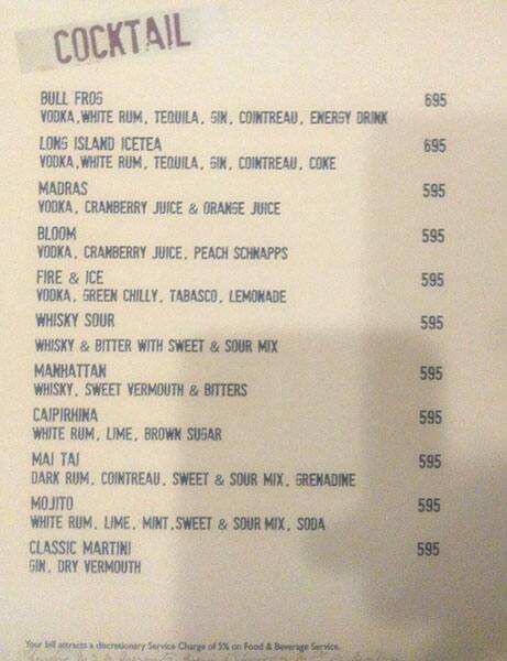 Menu at Steam and Whistles, Chennai