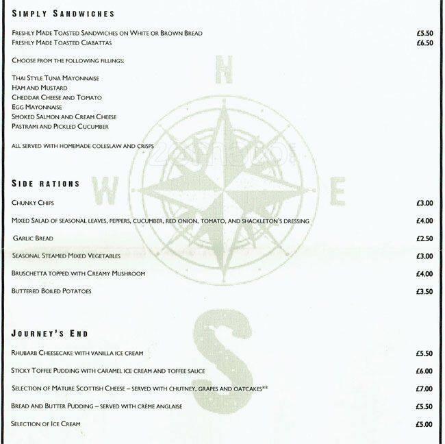 Menu at Shackleton's pub & bar, Edinburgh