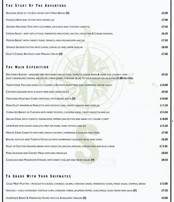 Menu at Shackleton's pub & bar, Edinburgh