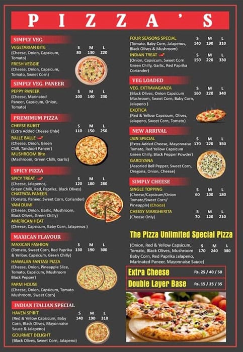 Menu of The Pizza Unlimited, Pink City, Jaipur