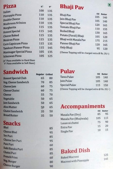 Honest Menu, Menu for Honest, Mani Nagar, Ahmedabad - Zomato