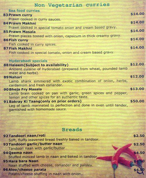 Menu at Daawat Indian Restaurant, Richmond