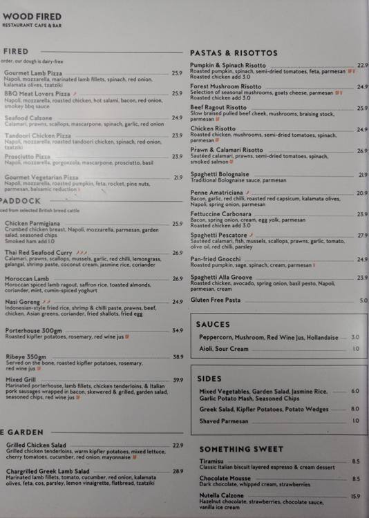 Menu at Groove Train restaurant, Geelong