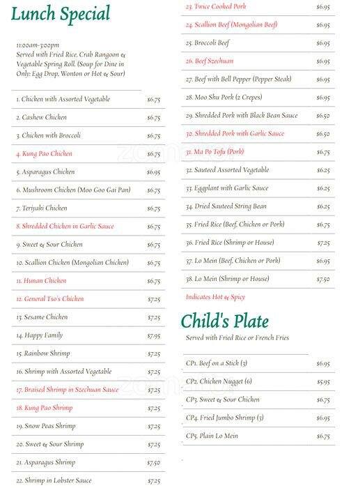 Menu at Chin Chin Chinese restaurant, Peachtree City