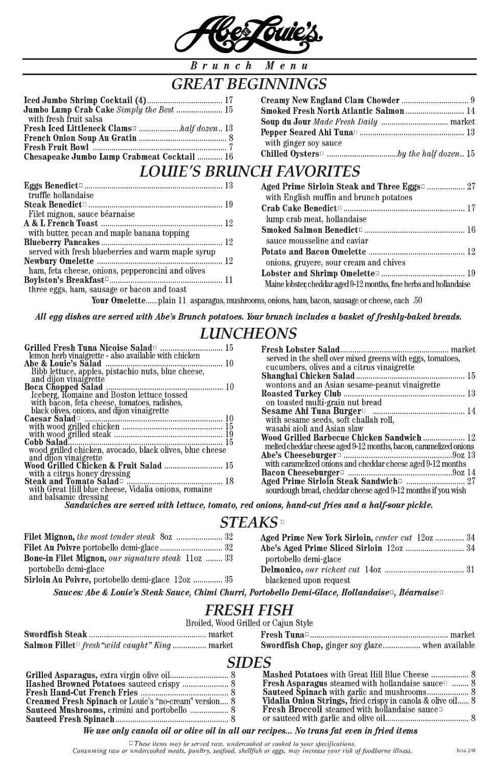 Menu at Abe & Louie's restaurant, Boca Raton, Glades Rd
