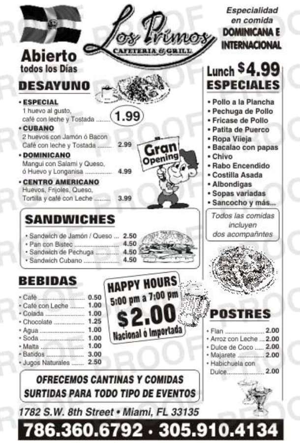 Menu at Los Primos restaurant, Miami
