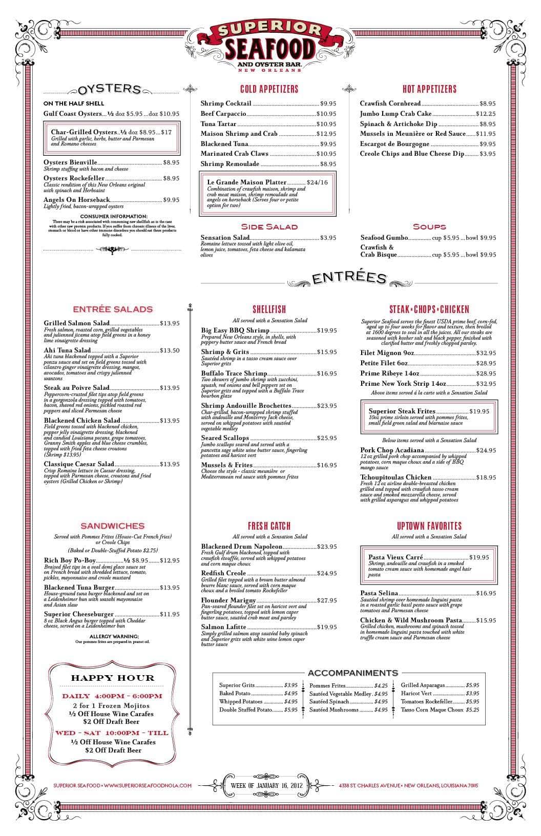 Menu at Superior Seafood & Oyster Bar, New Orleans
