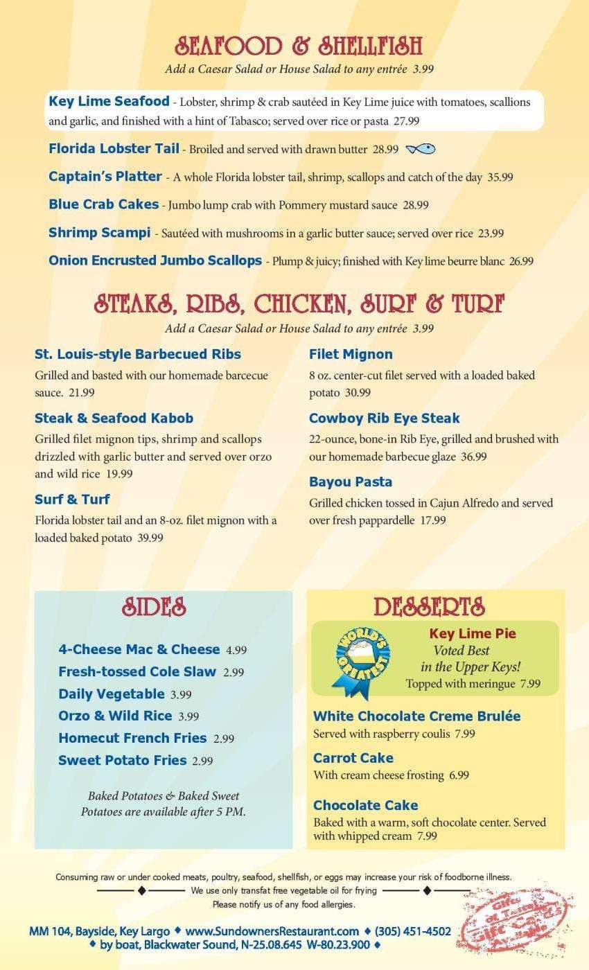 Menu at Sundowners restaurant, Key Largo