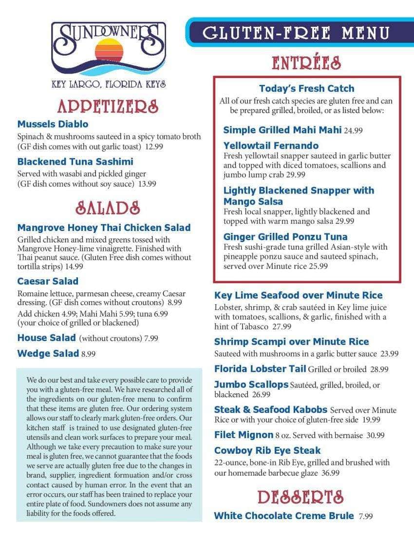 Menu at Sundowners restaurant, Key Largo