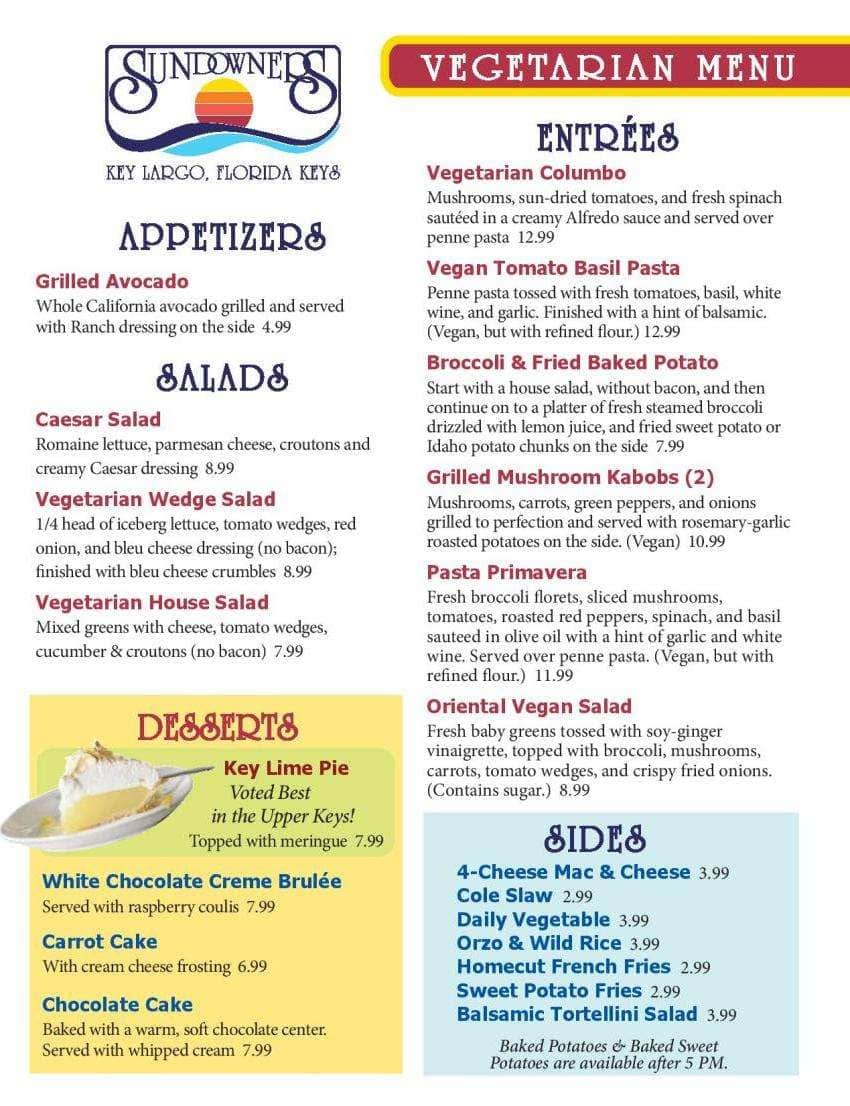 Menu at Sundowners restaurant, Key Largo