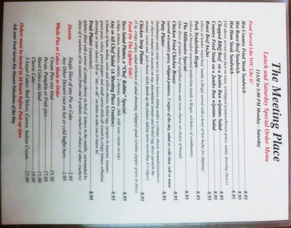 Menu at Meeting Place restaurant, McAlester