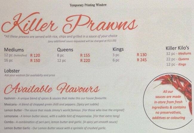 Menu at Jimmy's Killer Grills restaurant, Pretoria