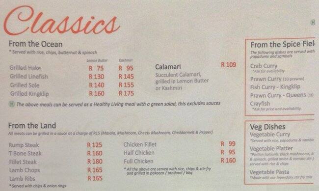 Menu at Jimmy's Killer Grills restaurant, Pretoria