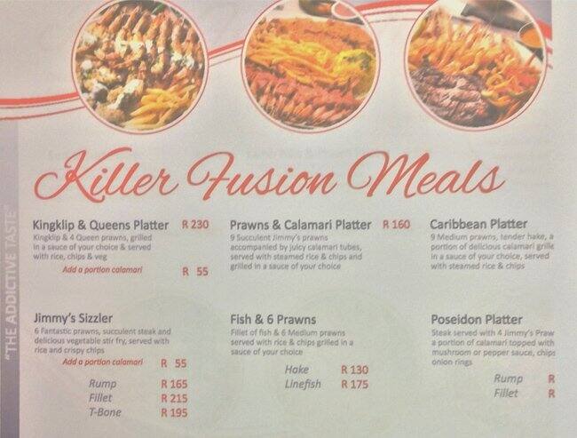 Menu at Jimmy's Killer Grills restaurant, Pretoria