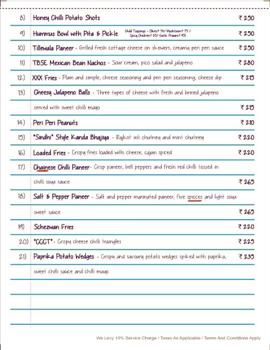 Menu at The Bar Stock Exchange, Mumbai, Building 289