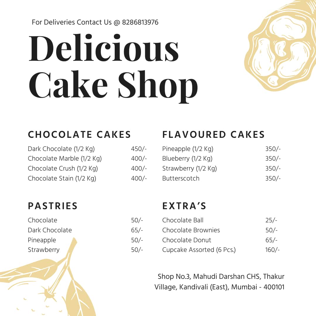Menu of Delicious Cake Shop, Kandivali East, Mumbai