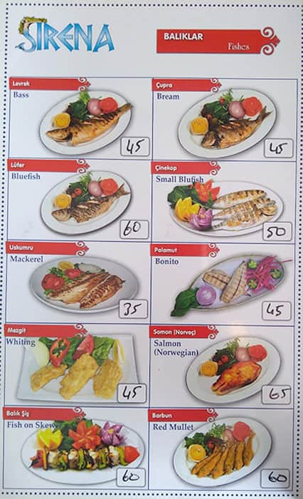 Menu at Sirena, Istanbul