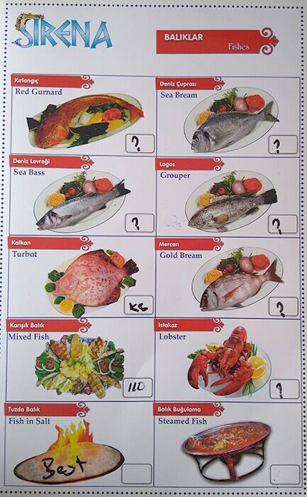 Menu at Sirena, Istanbul