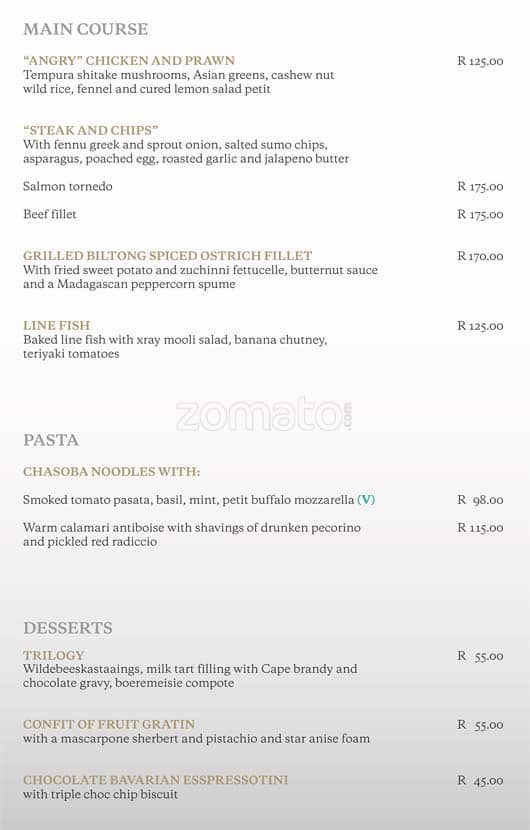 Speisekarte von Westin Executive Club Lounge, Kapstadt