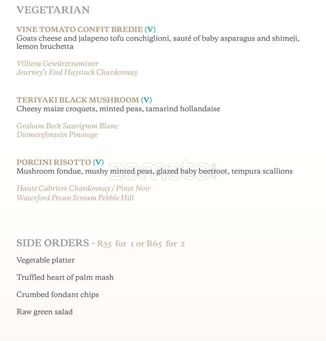 Speisekarte von Westin Executive Club Lounge, Kapstadt