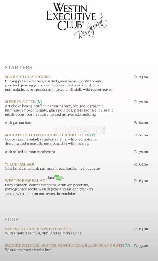Speisekarte von Westin Executive Club Lounge, Kapstadt