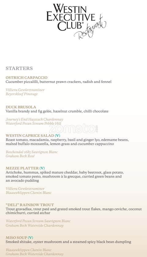 Speisekarte von Westin Executive Club Lounge, Kapstadt