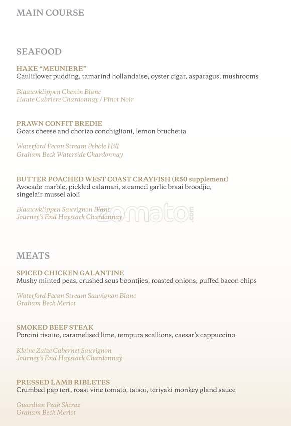 Speisekarte von Westin Executive Club Lounge, Kapstadt