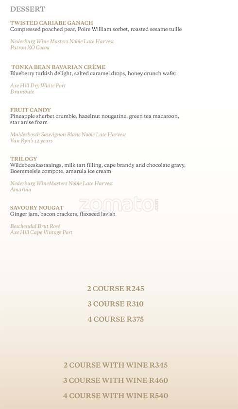 Speisekarte von Westin Executive Club Lounge, Kapstadt