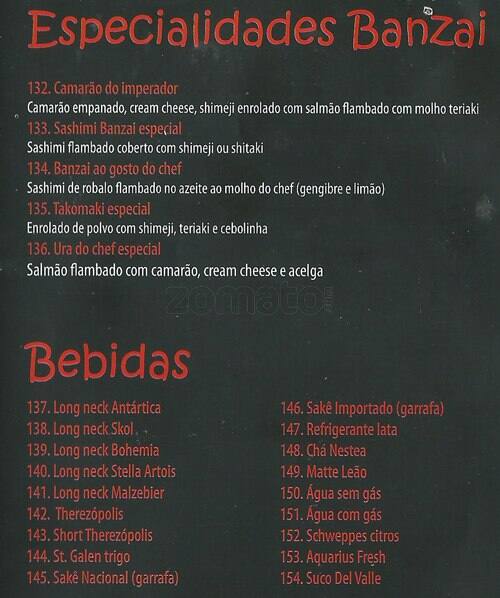 Menu at Banzai Sushi restaurant, Brasília