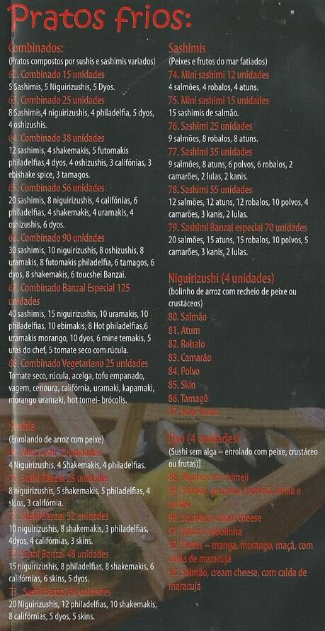 Menu at Banzai Sushi restaurant, Brasília