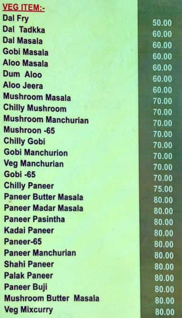 Menu at Meet Point, Chennai