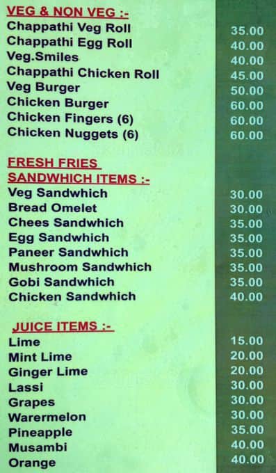 Menu at Meet Point, Chennai