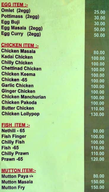 Menu at Meet Point, Chennai