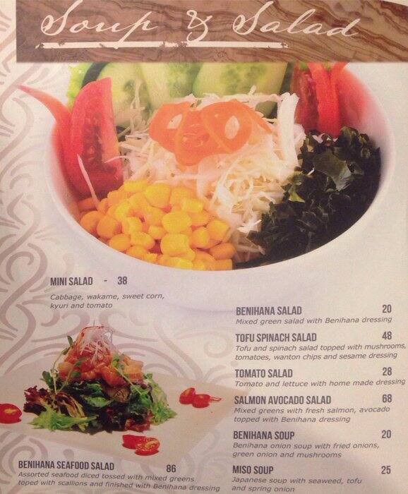 Menu at Benihana restaurant, Jakarta, Plaza Indonesia