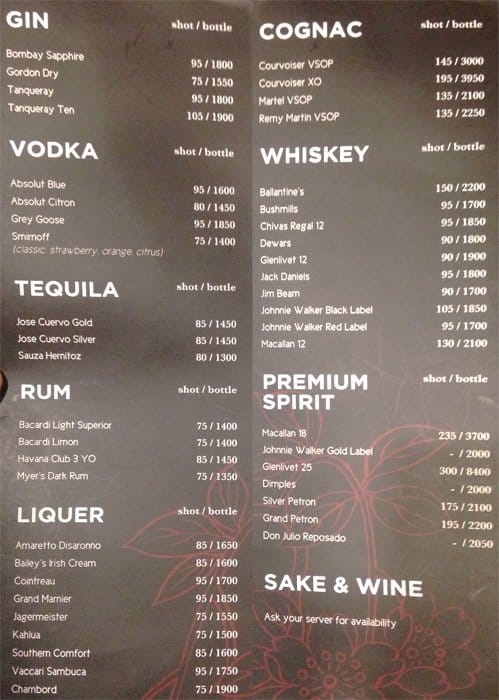 Menu at Benihana restaurant, Jakarta, Plaza Indonesia