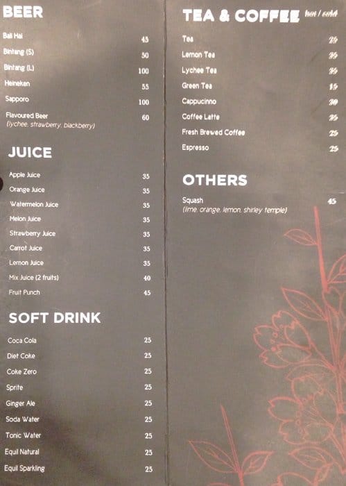 Menu at Benihana restaurant, Jakarta, Plaza Indonesia