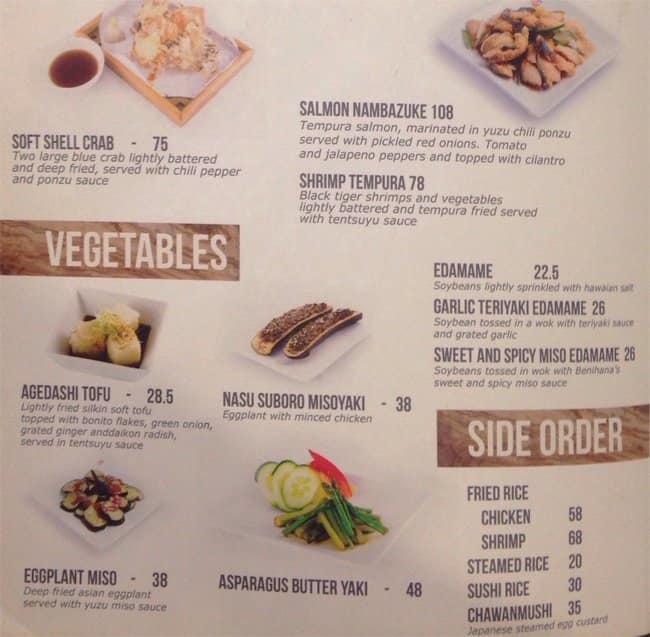 Menu at Benihana restaurant, Jakarta, Plaza Indonesia
